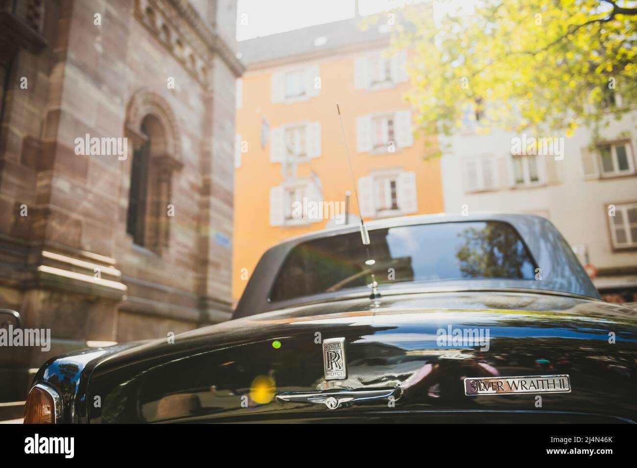 Paris, France - Sep 12, 2015: Rear view of luxury Rolls-Royce Silver ...