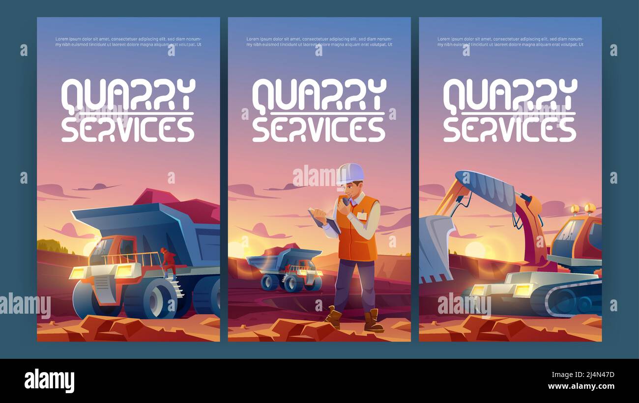 Quarry services posters with man in helmet, dumper and excavator in ...