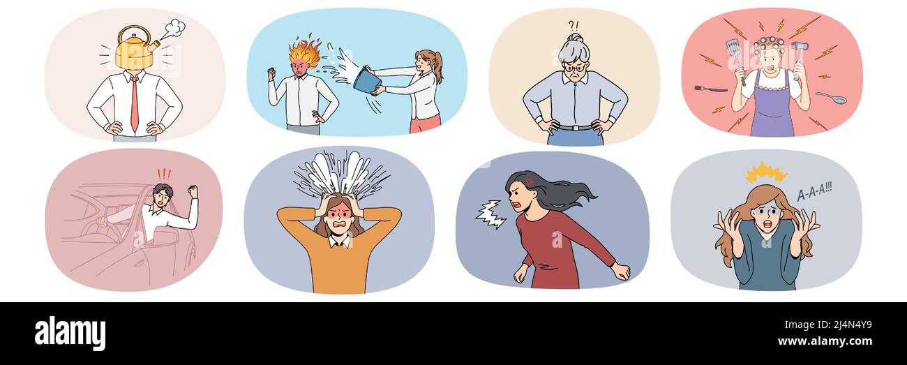 Set of mad diverse people scream and shout feel distressed and angry ...