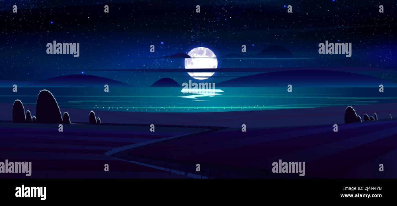 Night landscape with meadow, rural field, pond and road under dark blue ...