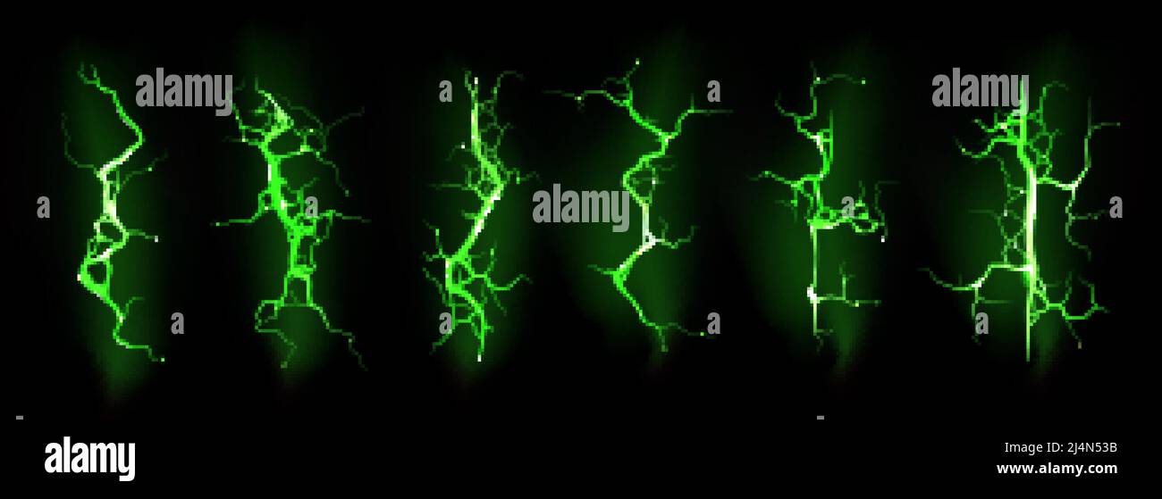 Ground cracks with neon green light top view. Vector realistic set of ...