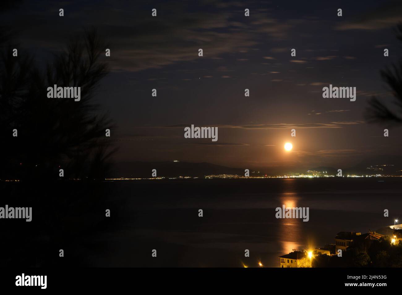 Selective focus view of full moon and its reflection at water Stock ...