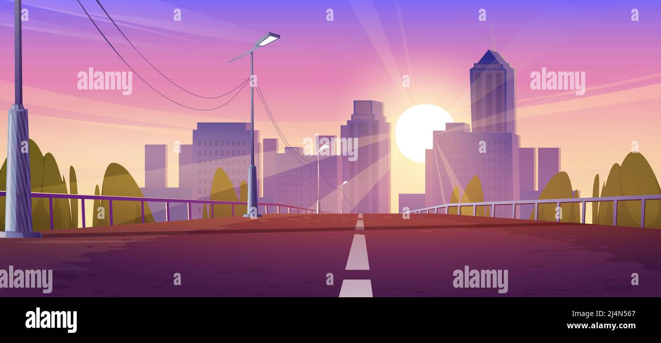 Overpass car road to city at sunset. Vector cartoon illustration of ...