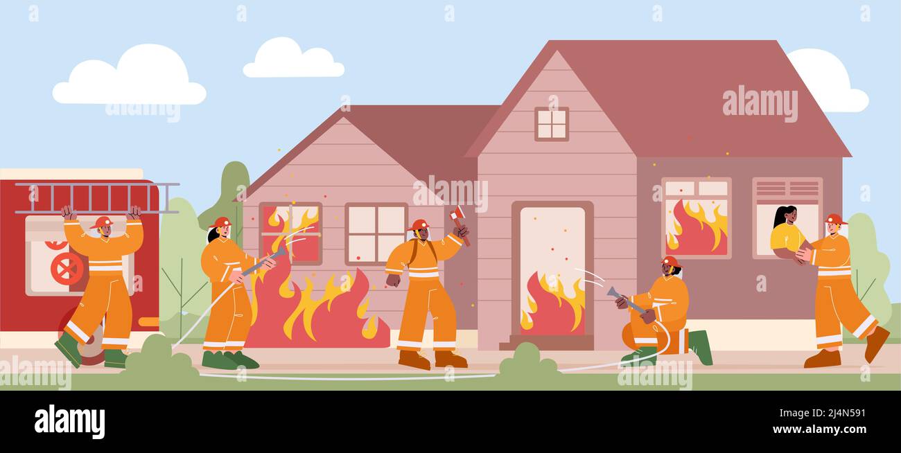 Firemen extinguish ignition and rescue girl from burning house. Vector ...