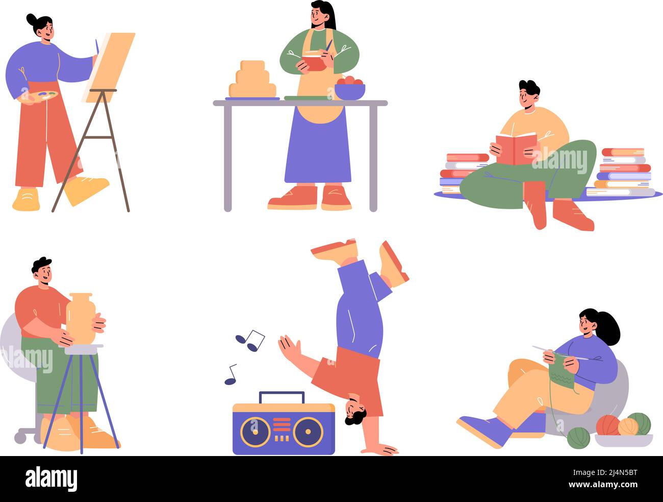 People doing different hobbies, painting, cooking, pottery, knitting ...