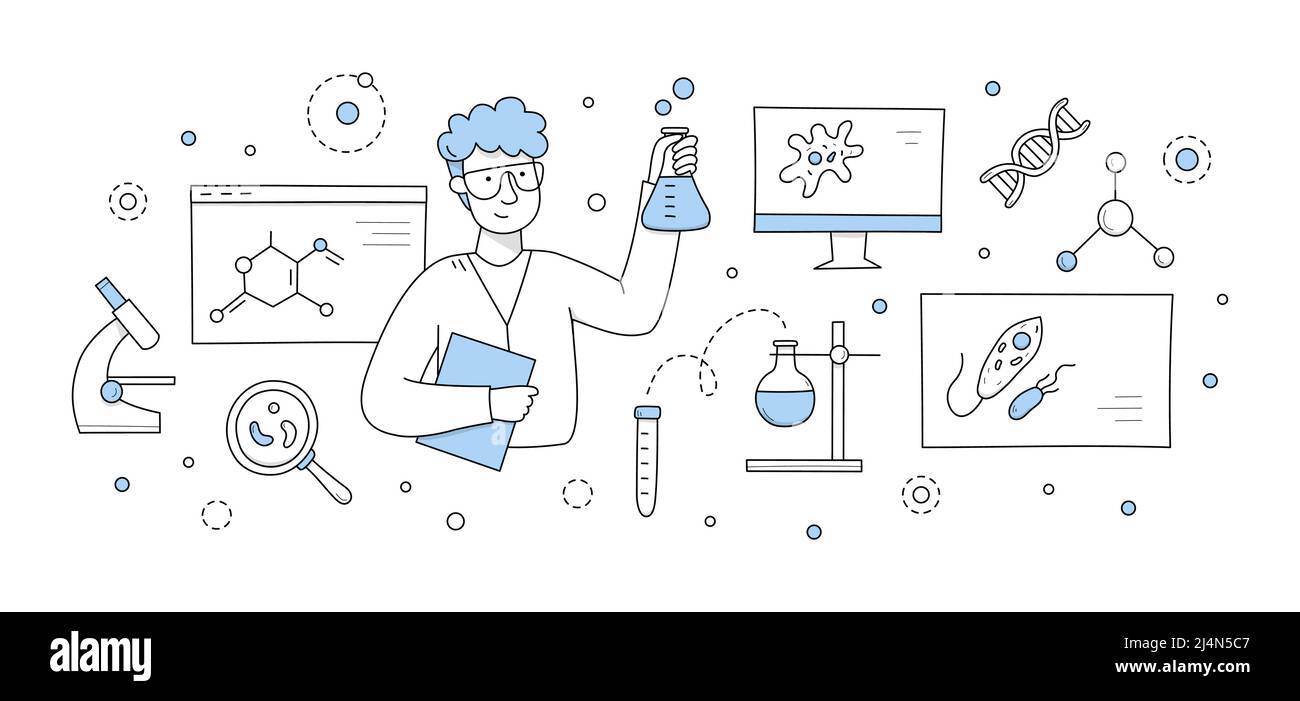 Science doodle concept, chemist or biologist scientist holding beaker ...
