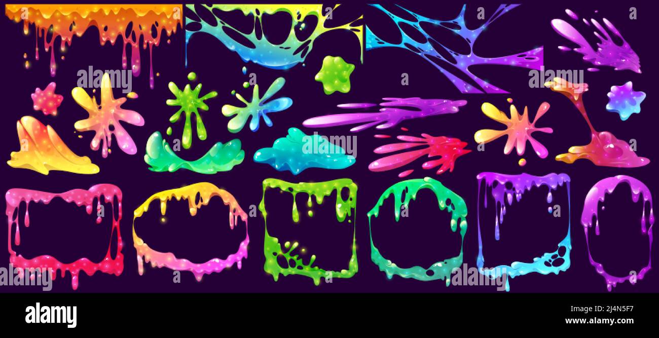 Colorful slime frames, splashes, spots and elements isolated vector set ...