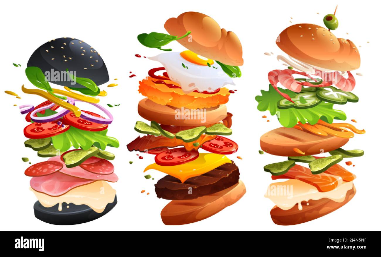 Burgers or hamburgers fly motion with separated ingredients layers ...