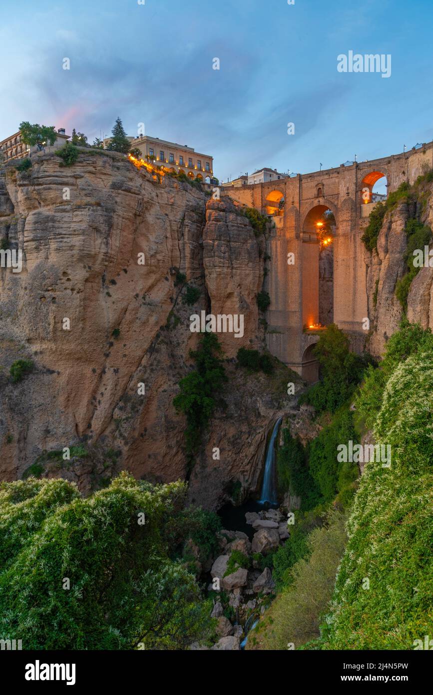 Sunset view of Puente nuevo bridge in Spanish town Ronda Stock Photo ...