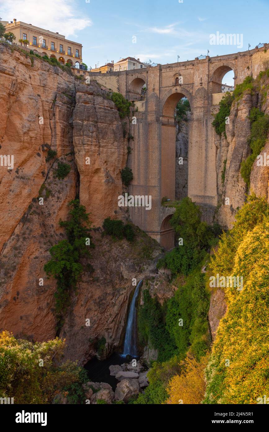 Sunset view of Puente nuevo bridge in Spanish town Ronda Stock Photo ...