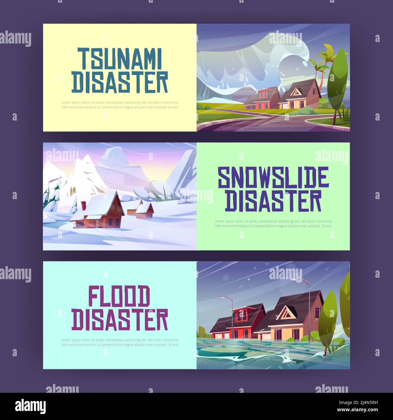 Posters of flood, snowslide and tsunami disasters. Vector banners of ...