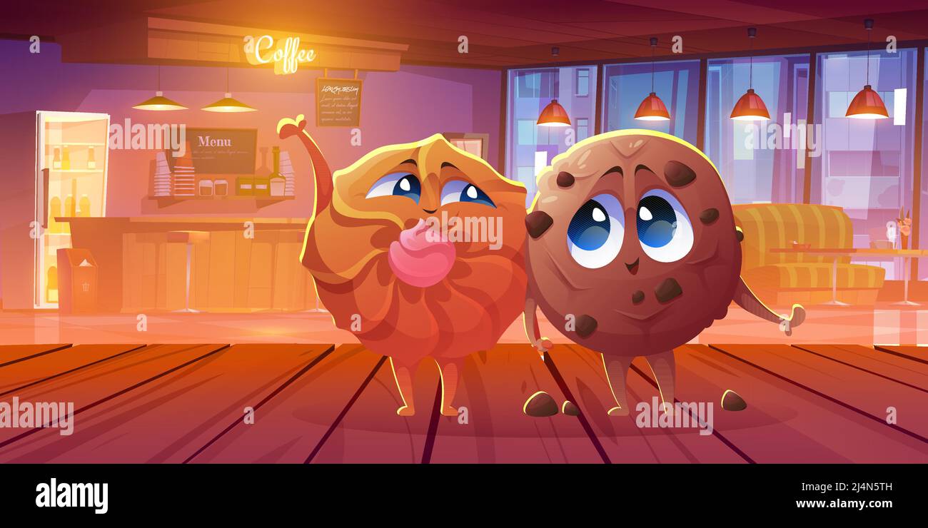 Cute cookies characters in coffee shop. Vector cartoon illustration of ...
