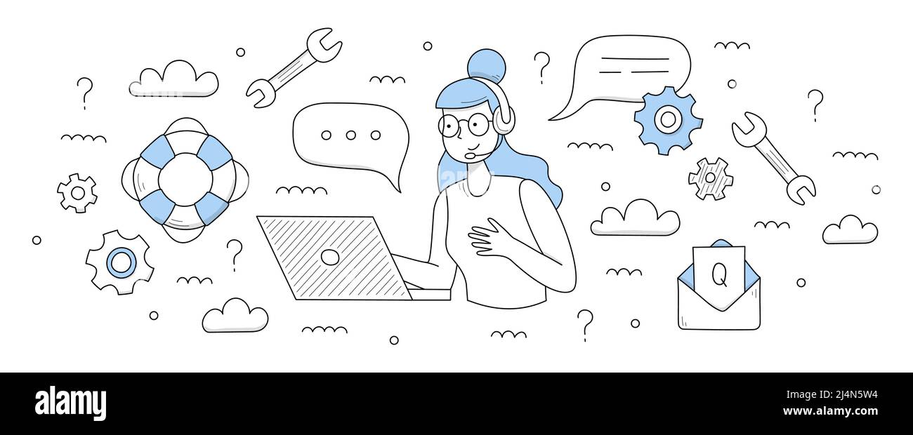 Customer help and support service background. Vector doodle ...
