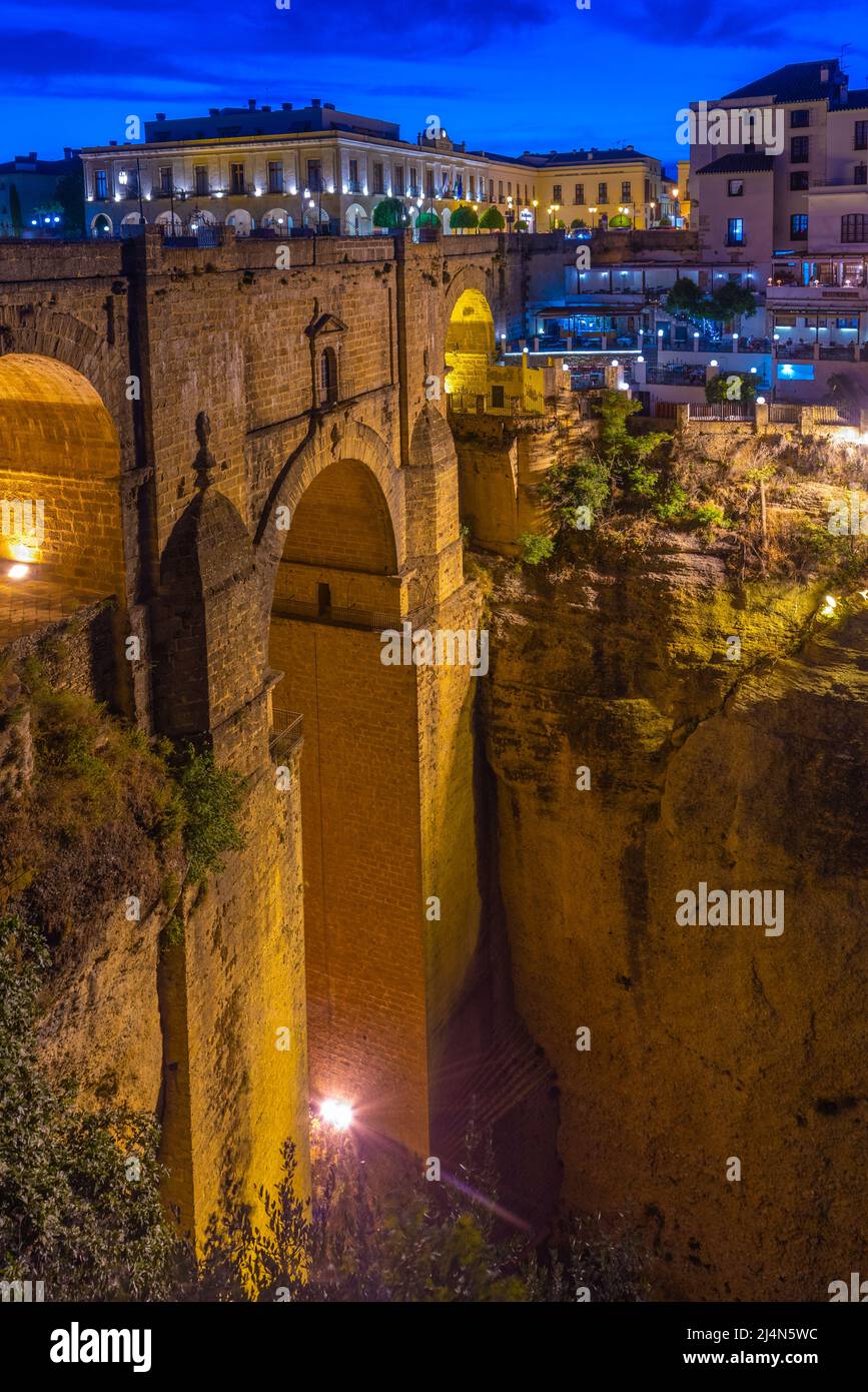 Sunset view of Puente nuevo bridge in Spanish town Ronda Stock Photo ...