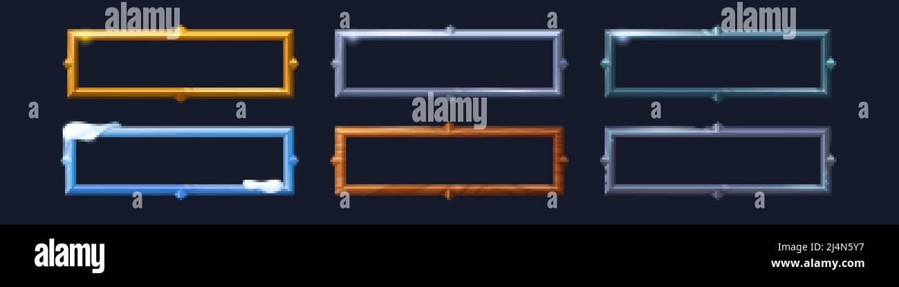 Rectangular Frames With Gold Silver Wooden And Ice Texture For Game Ui Design Vector Cartoon