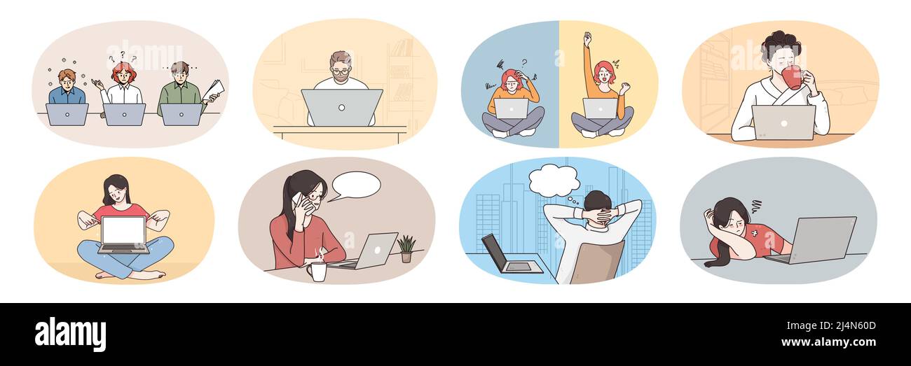 Collection of young people use computer communicate online on gadget ...