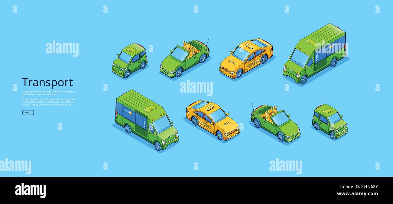 Transport poster with isometric mini van, taxi, cabriolet and small car ...