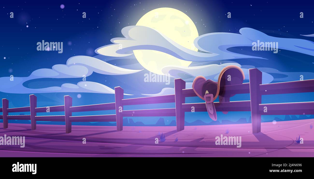 Western country landscape with horse saddle on wooden fence at night ...