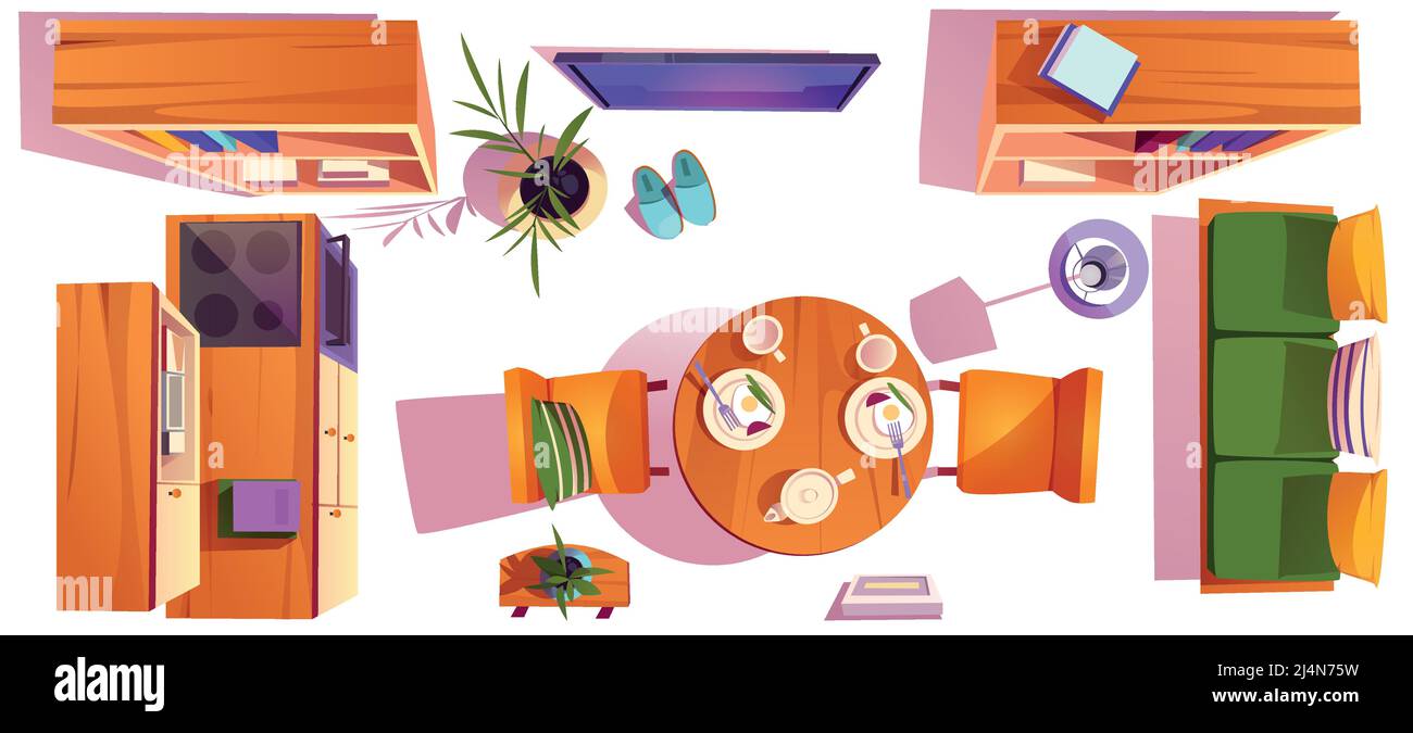 Kitchen, dining and living room in house, studio apartment or hotel ...