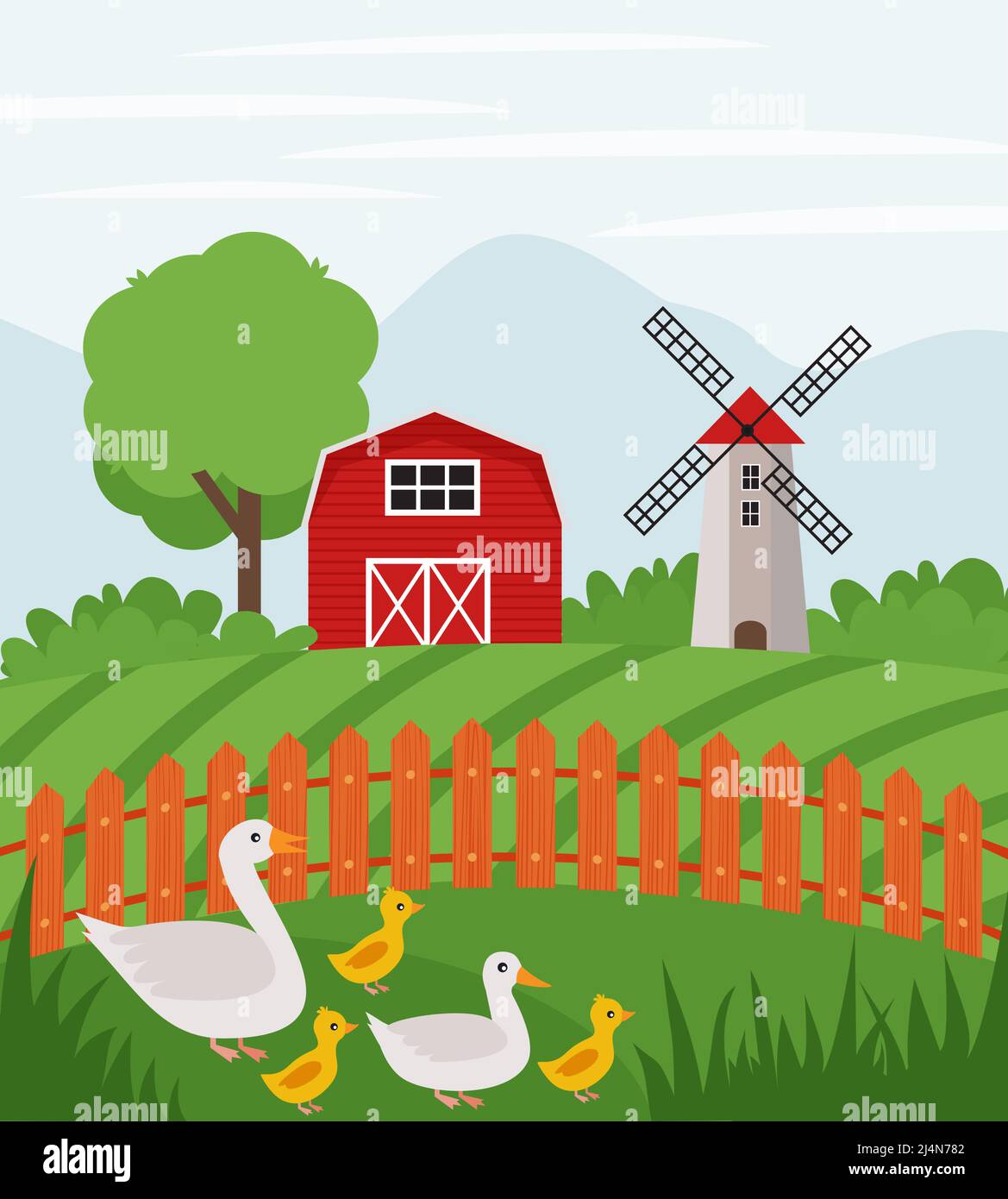Duck farm on farmland. Rural landscape. Flat vector illustration of ...