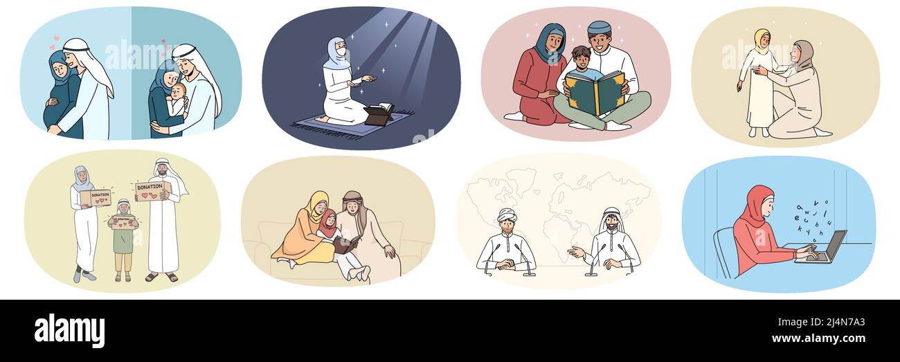 Collection of Arabian people in traditional clothes daily life. Set of ...