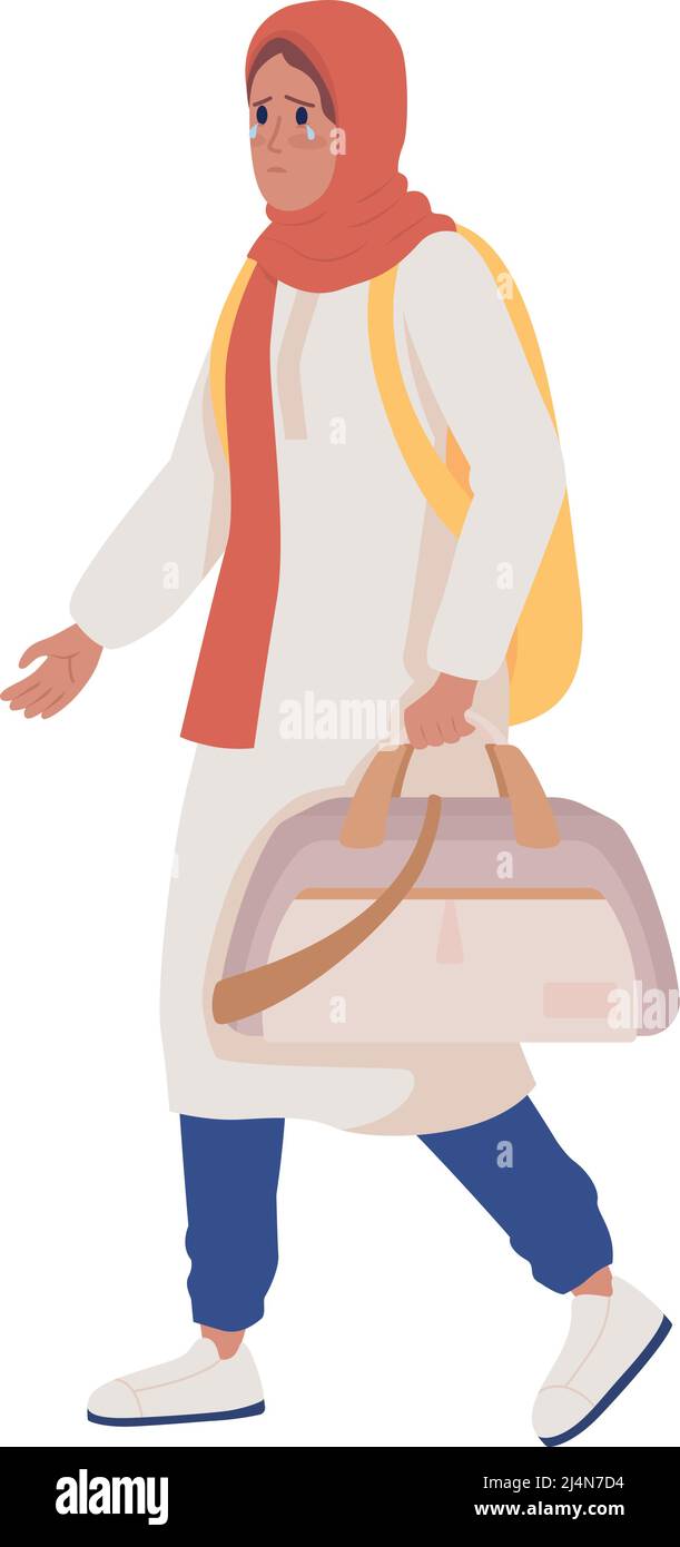 Female asylum-seeker with baggage and backpack semi flat color vector ...