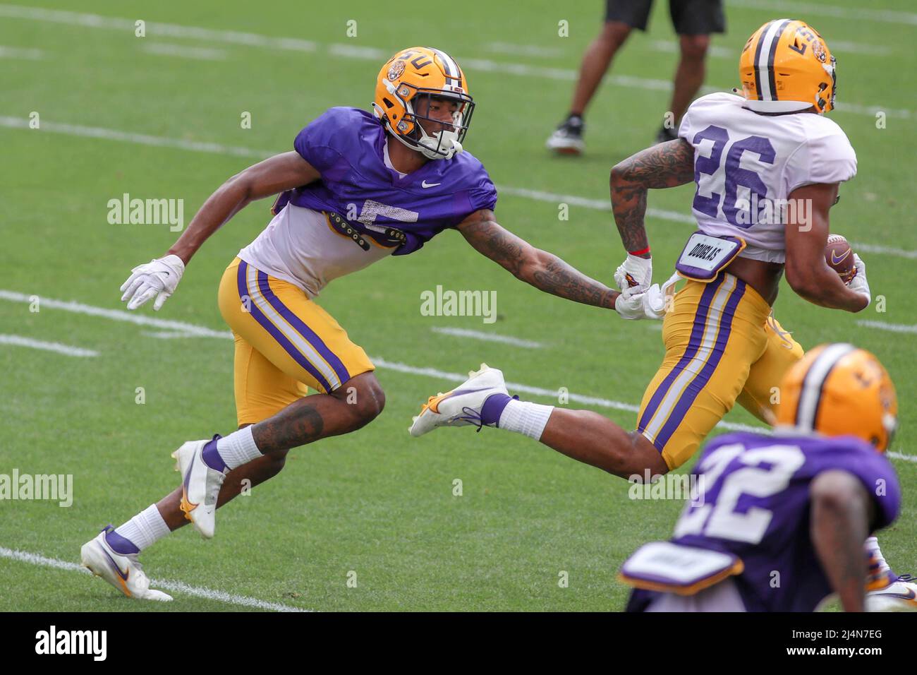 April 16, 2022: LSU defensive back Jay Ward (5) tries to touch running ...
