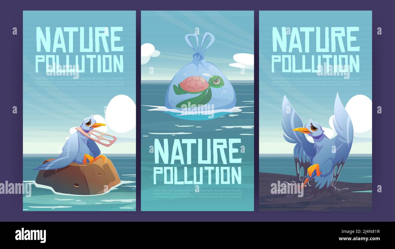 Nature pollution posters with plastic garbage, waste, and oil spill in ...