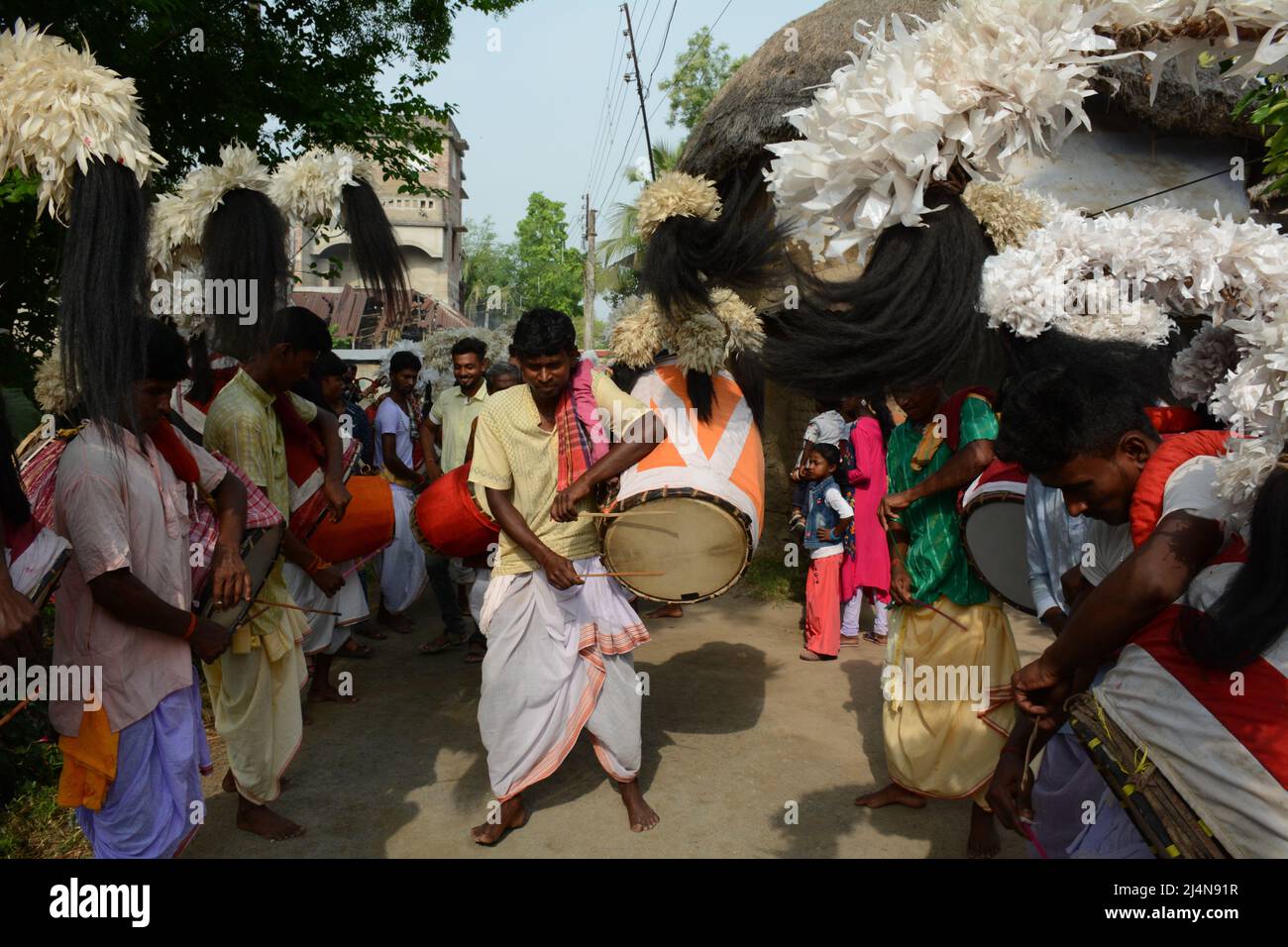April 16, 2022, Santiniketan, West Bengal, India: Dhakis are hindu ...
