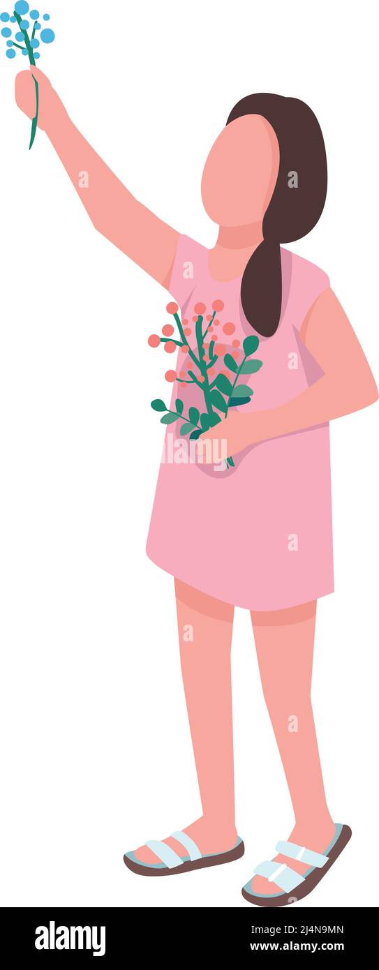 Girl collecting flowers for pressing semi flat color vector character ...