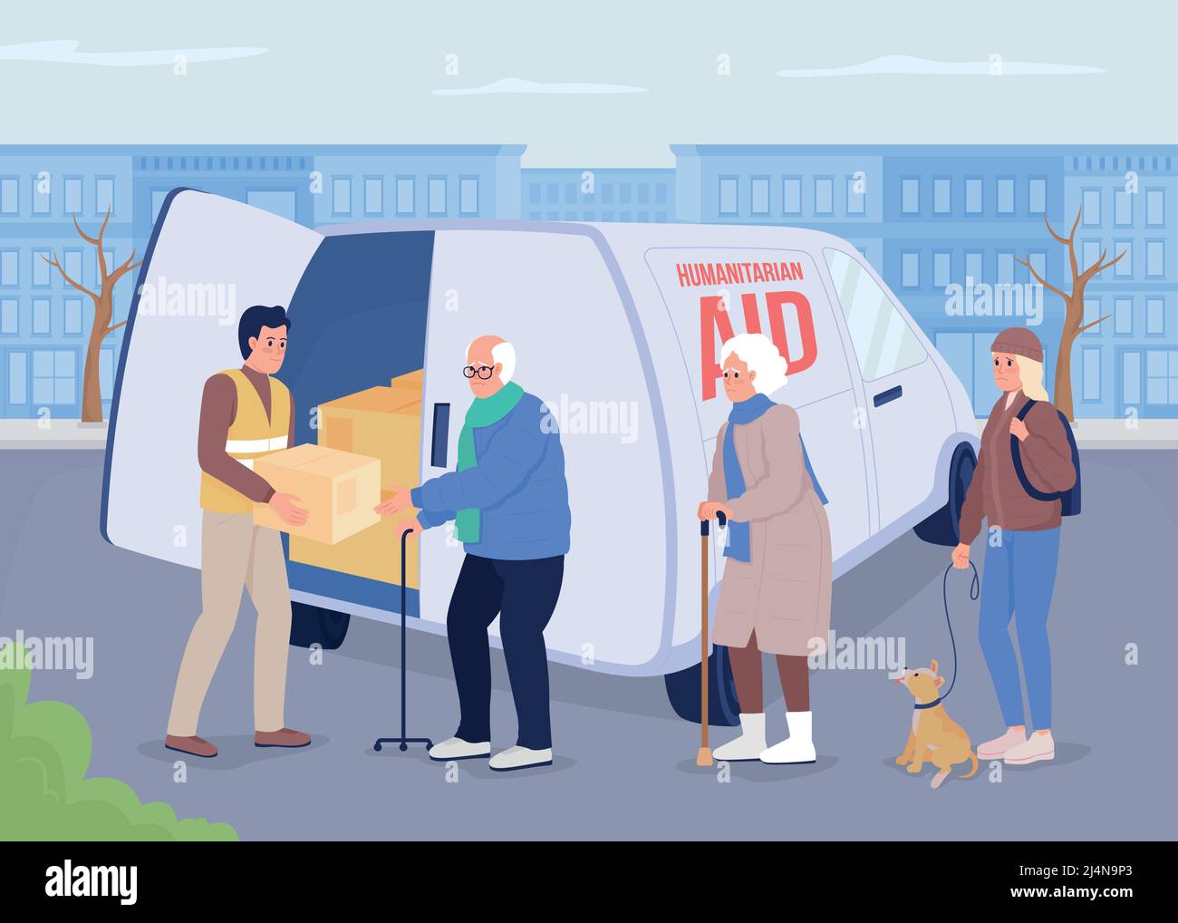 Delivering humanitarian relief flat color vector illustration Stock ...