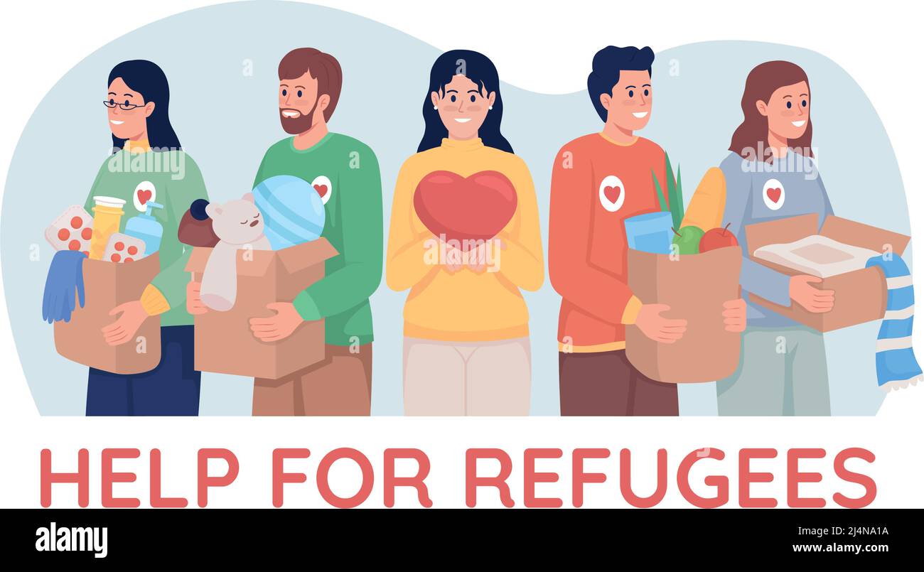 Help for refugees 2D vector isolated illustration Stock Vector Image ...