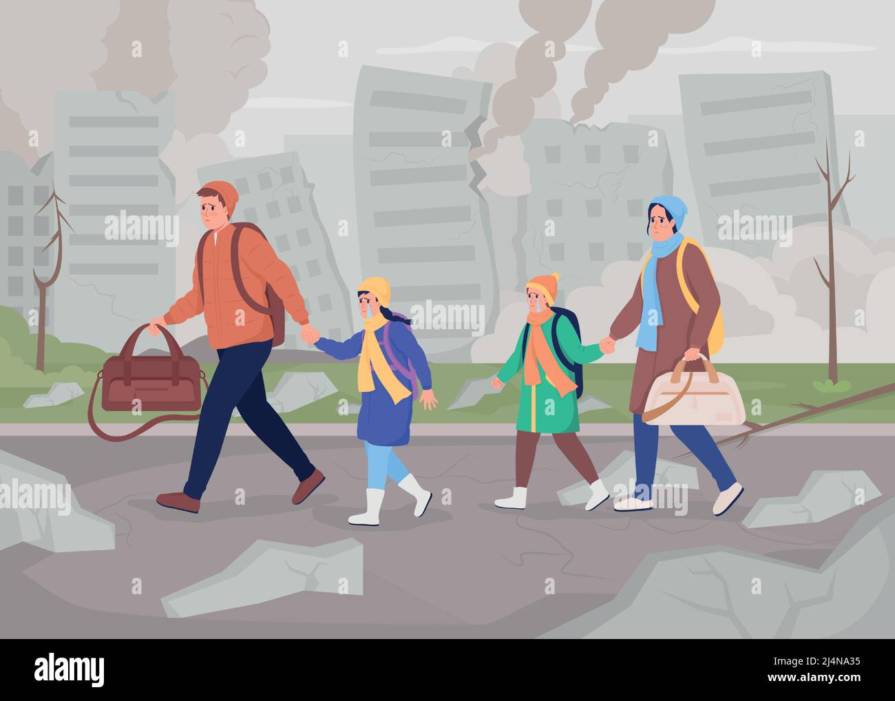 Leaving war-torn city due to military conflict flat color vector ...