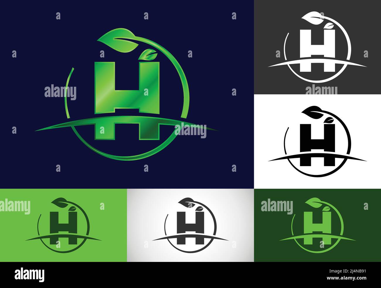 Initial H monogram alphabet with circle leaf and swoosh. Eco-friendly ...