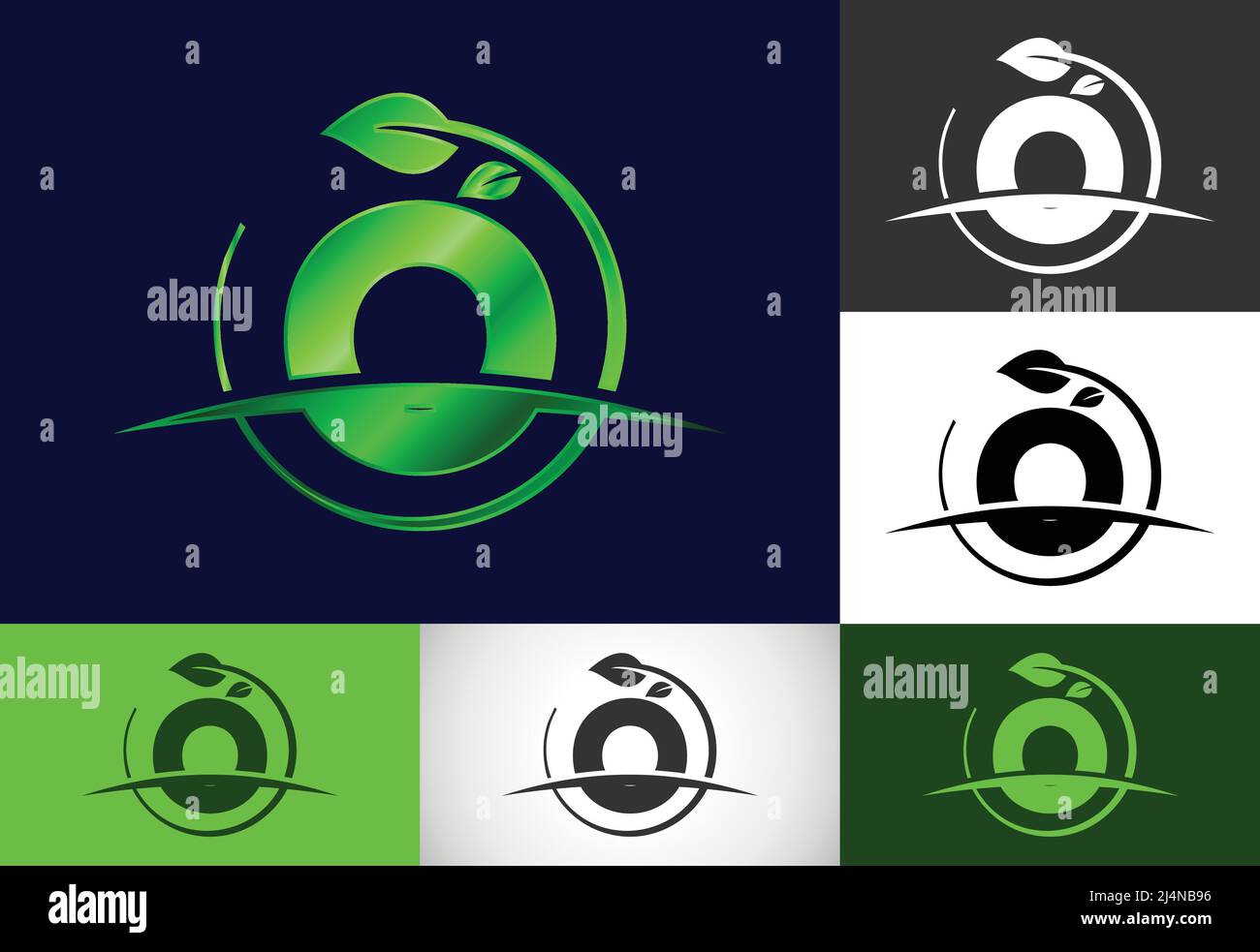 Initial O monogram alphabet with circle leaf and swoosh. Eco-friendly ...