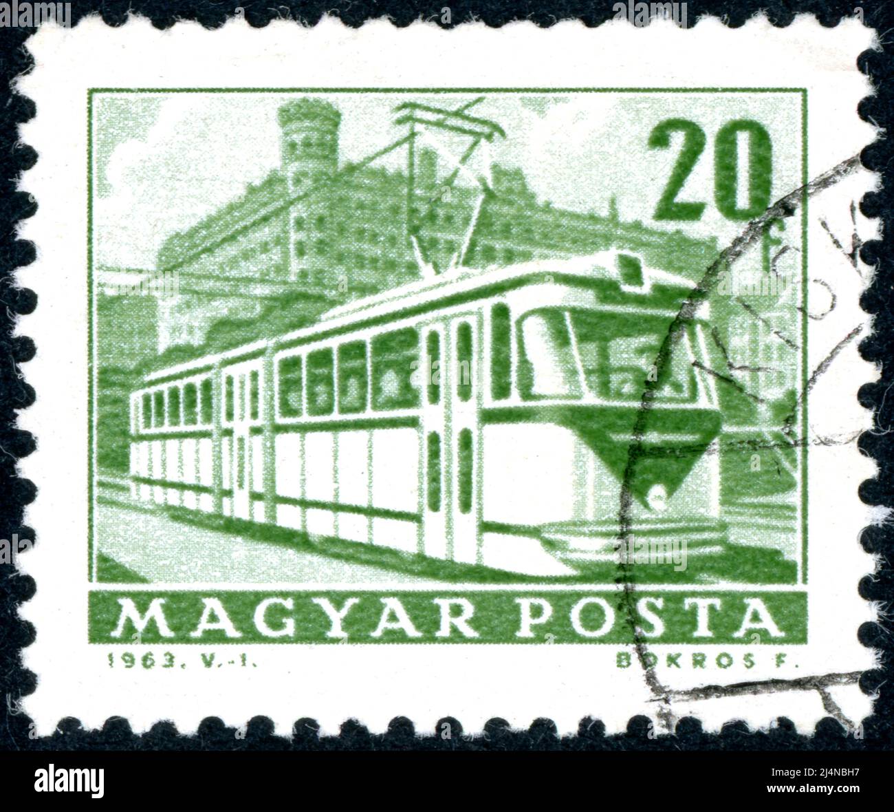 HUNGARY - CIRCA 1963: A stamp printed in Hungary, showing Tram in front ...
