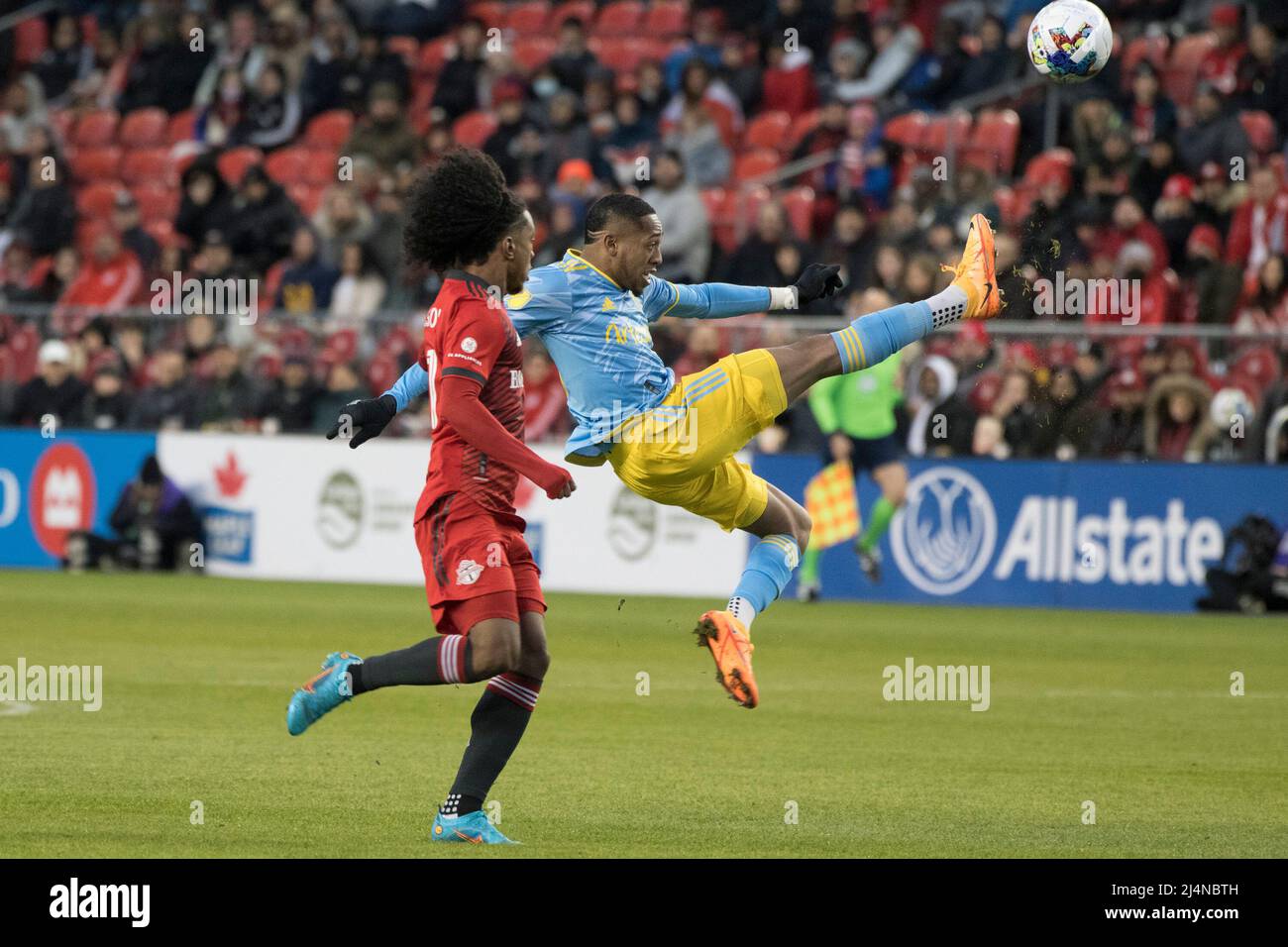 Toronto, Canada. 16th Apr, 2022. Jayden Nelson (11) and Jose Martinez ...