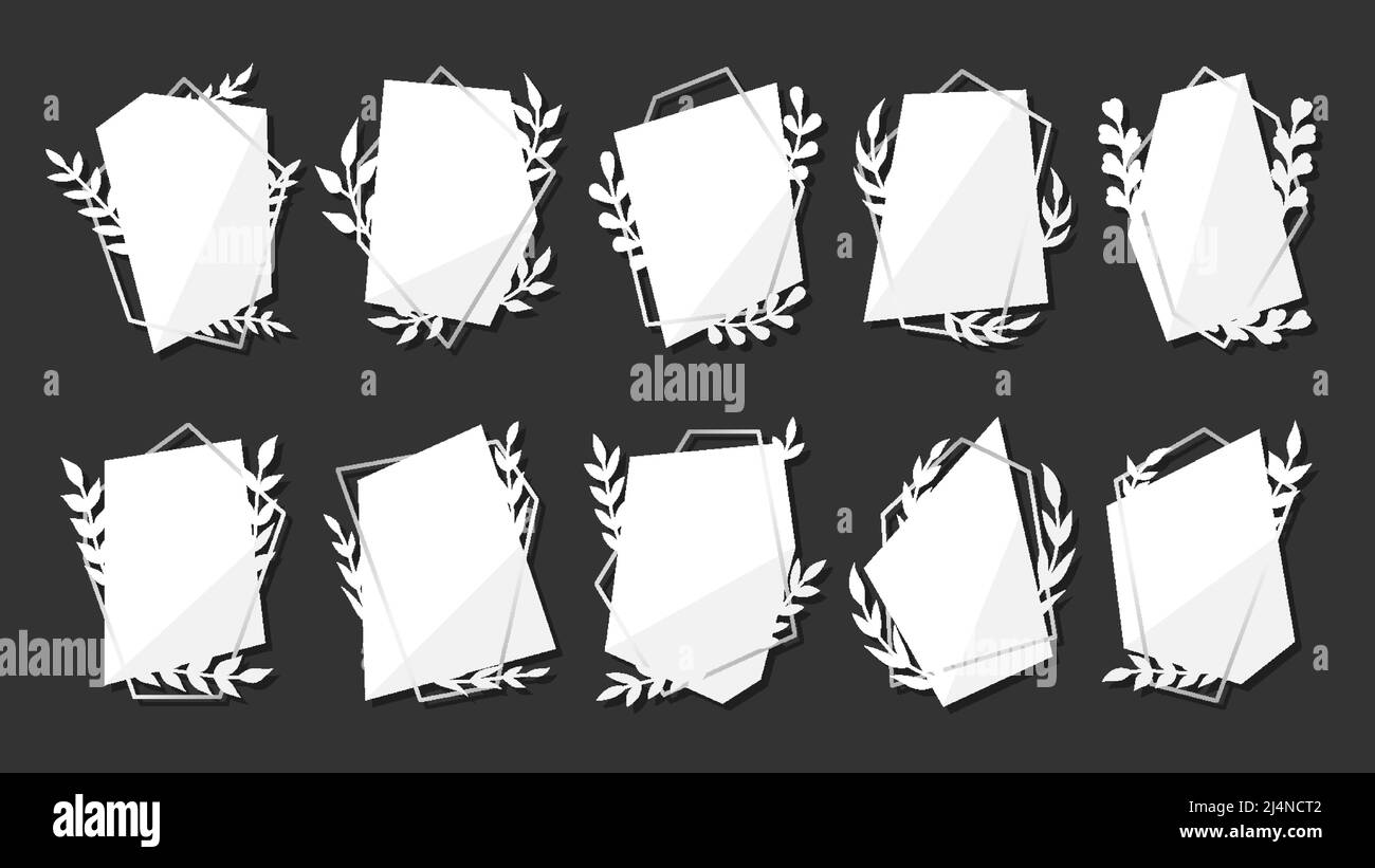 Botanical polygonal frame leafy poster white flat set. Modern blank ...