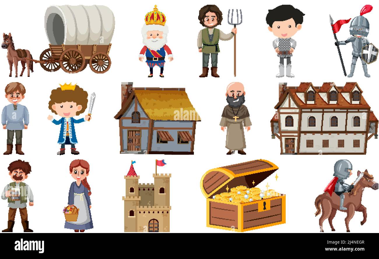 Medieval characters buildings set illustration Stock Vector Image & Art ...