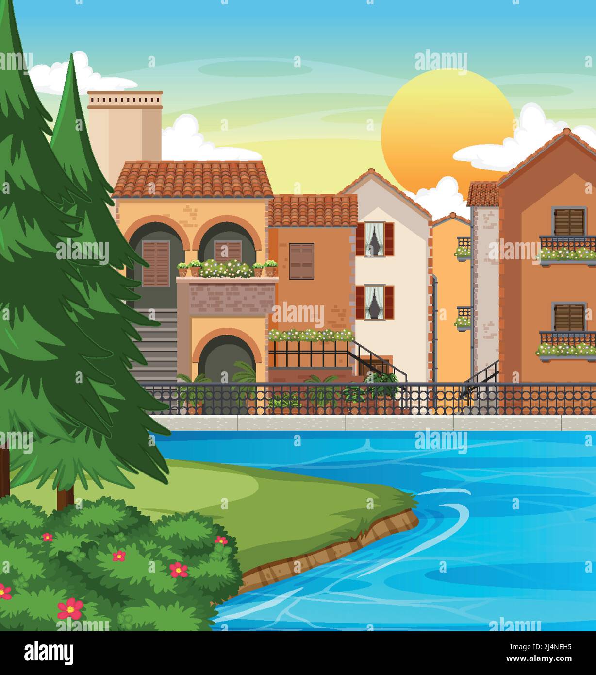 Italy town style house and building landscape illustration Stock Vector ...