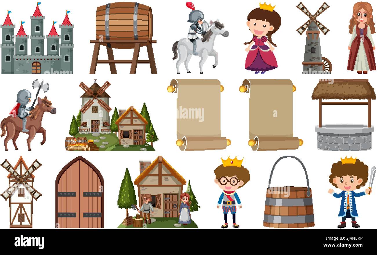 Medieval characters buildings set illustration Stock Vector Image & Art ...
