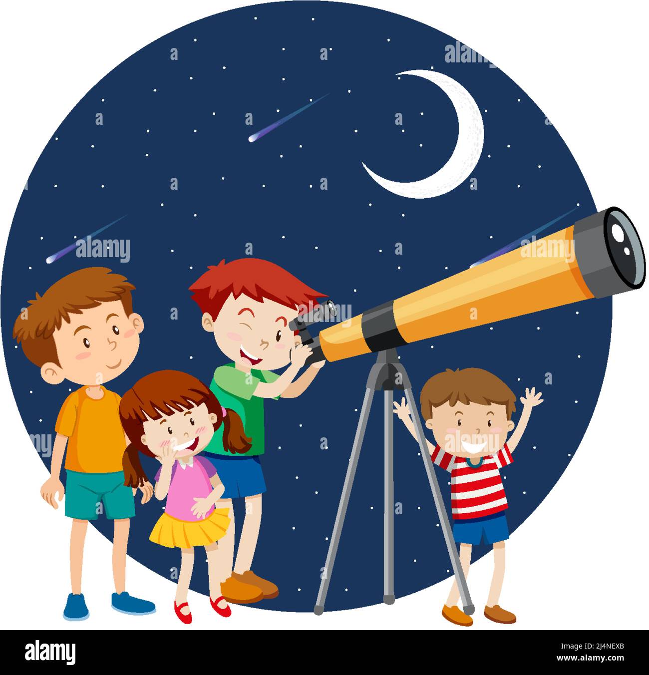 Happy kids observe night sky with telescope illustration Stock Vector ...