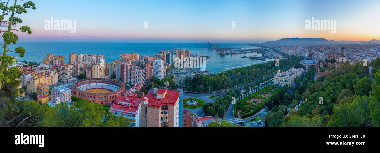 Sunset aerial view of the corrida building in the spanish city malaga ...