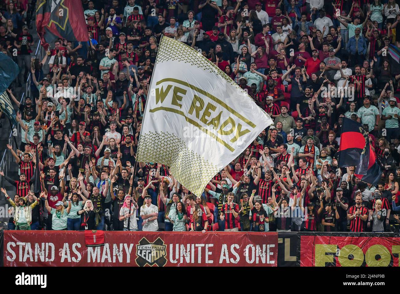ATLANTA, GA Ã APRIL 16: Atlanta United fans wave a flag during the MLS ...