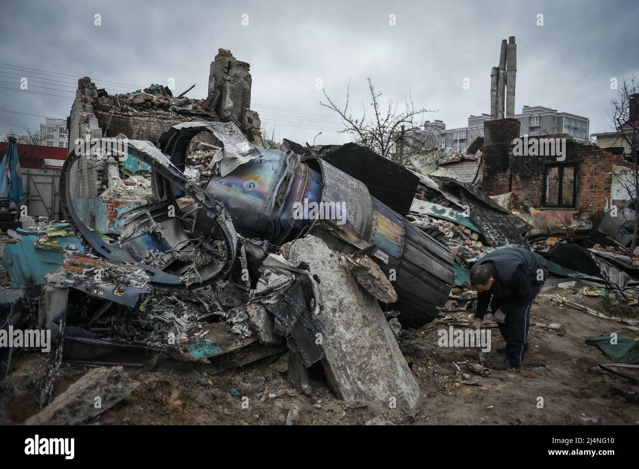 A destroyed Russian Sukhoi Su-34 is seen in a residential area of ...