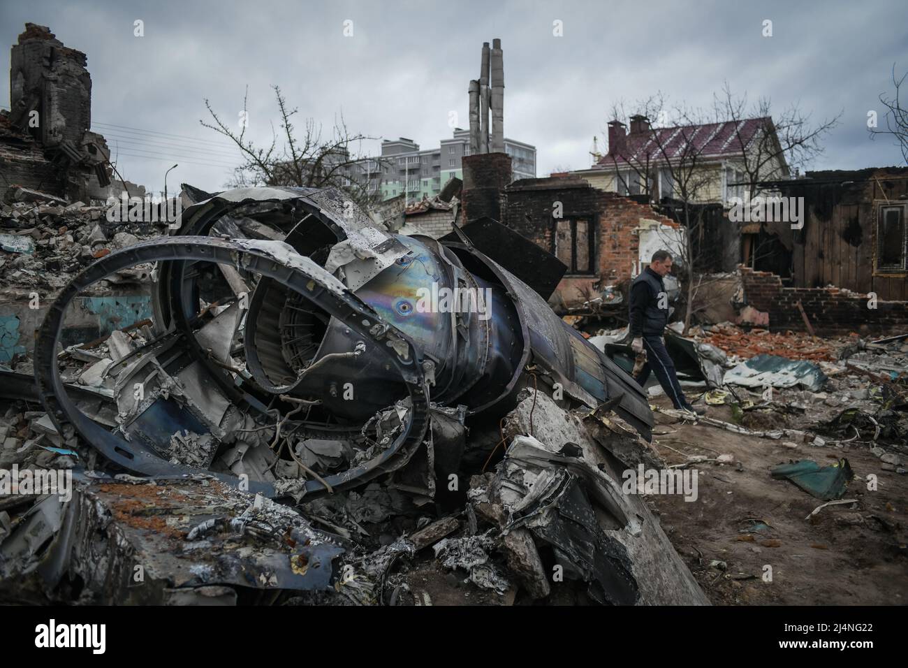A destroyed Russian Sukhoi Su-34 is seen in a residential area of ...