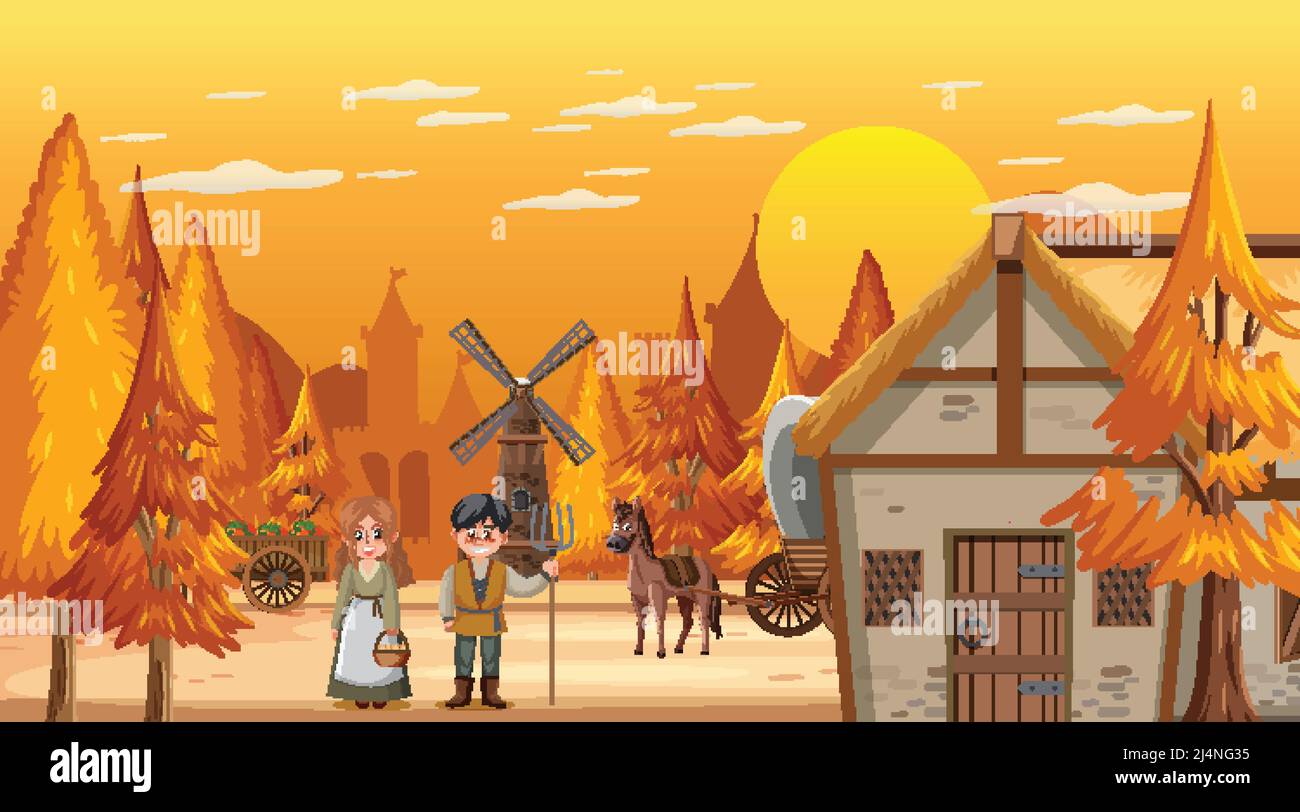 Medieval town cartoon scene with villagers illustration Stock Vector ...