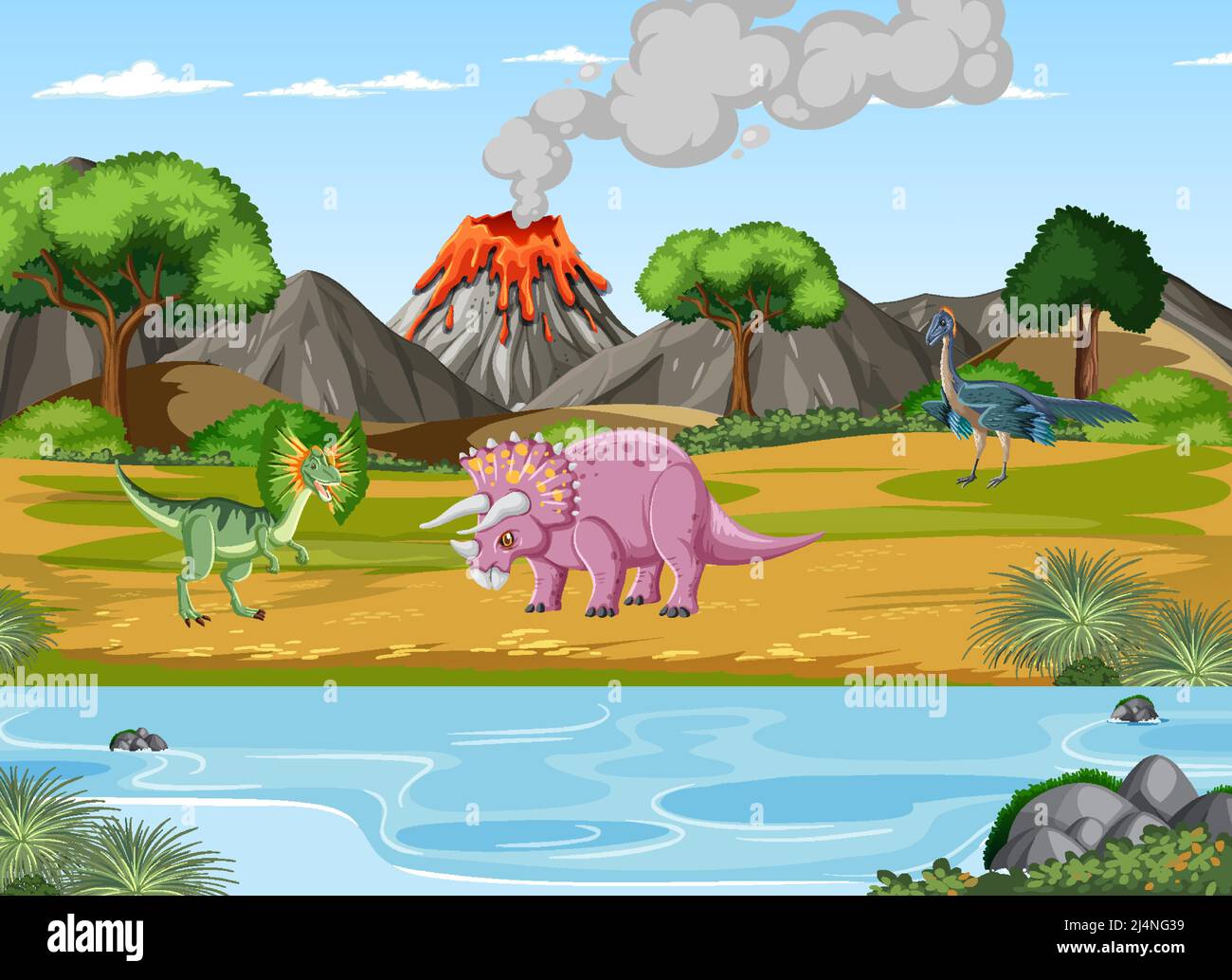 Prehistoric forest background with dinosaur cartoon illustration Stock ...