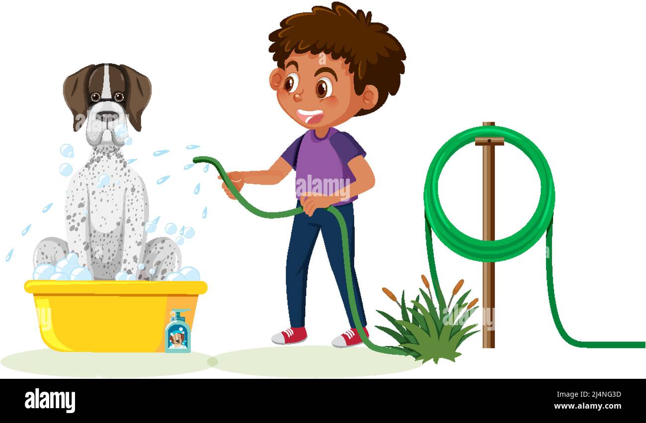 Cartoon boy washing her dog illustration Stock Vector Image & Art - Alamy