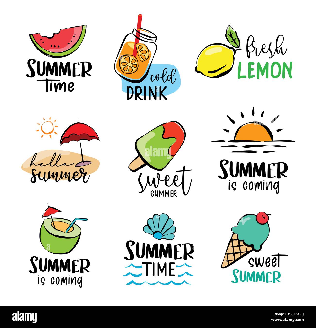 Set of hand drawn signs and banners elements travel. Hello summer ...